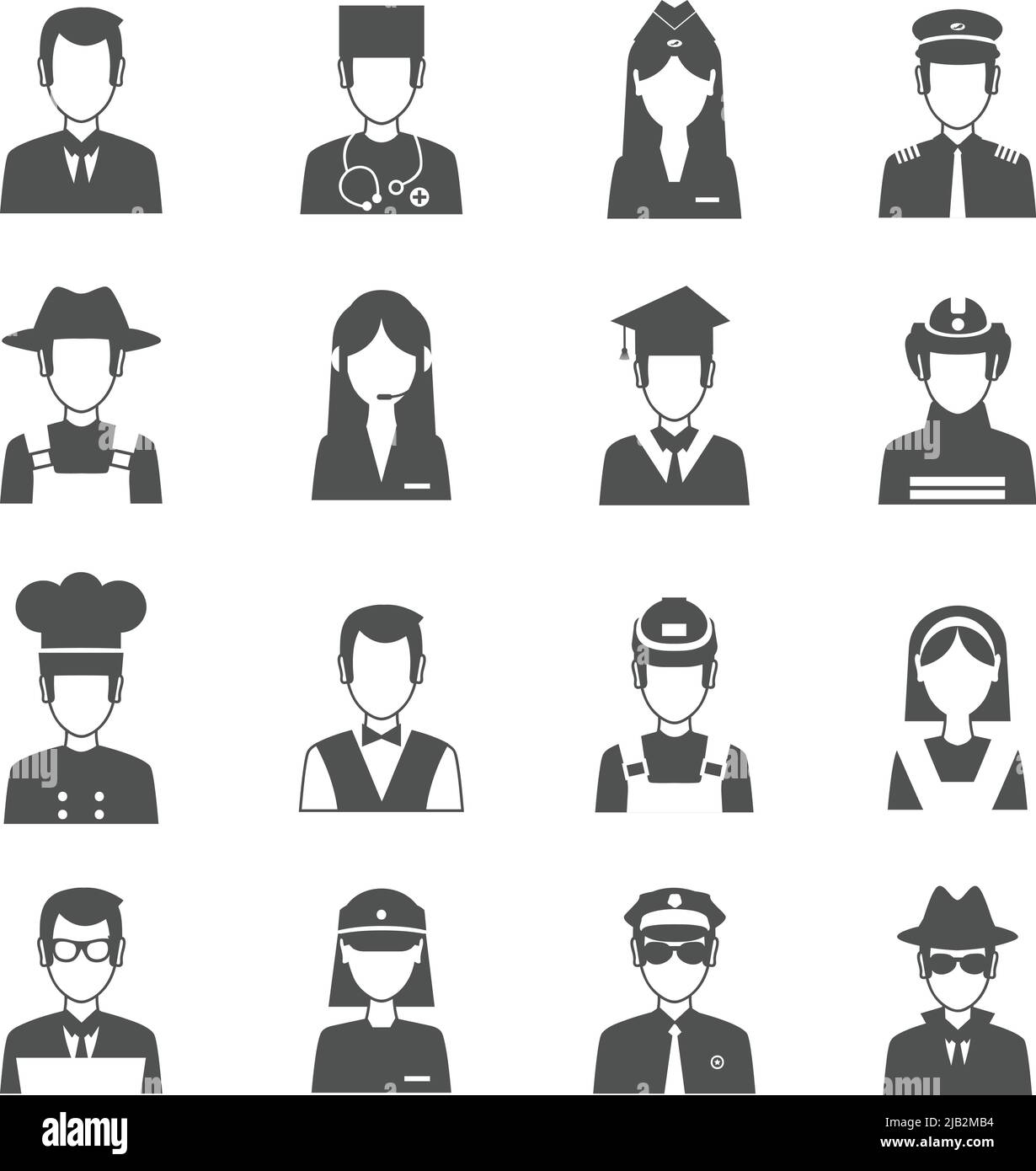 Professions black avatar set with pilot fireman operator isolated ...