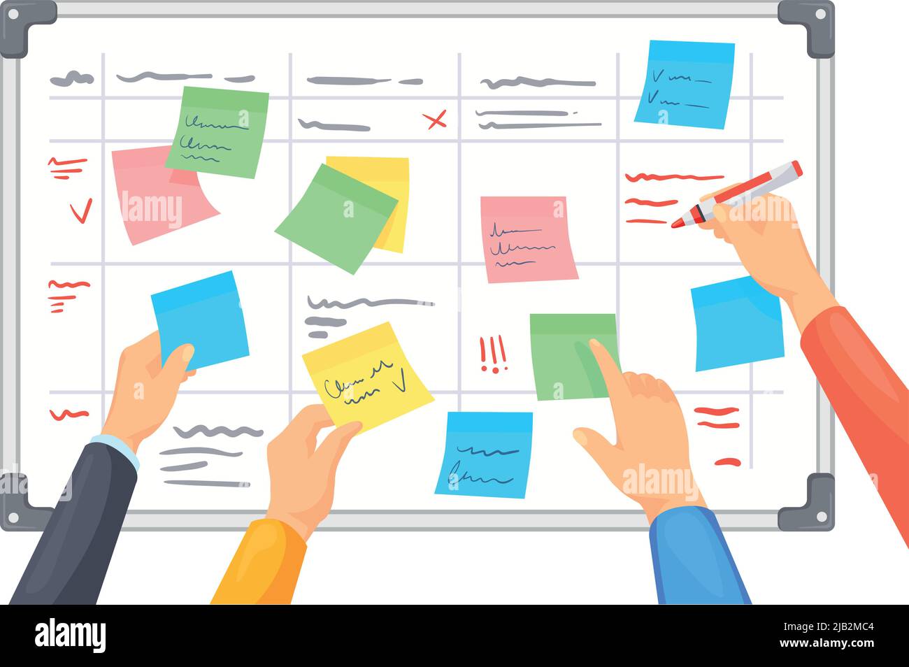Kanban board with color stickers and writing hands. Cartoon team ...
