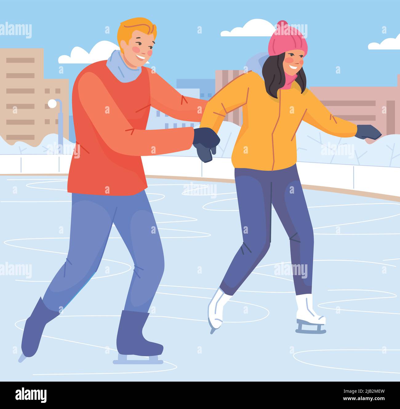Couple ice skating on city rink. Romantic winter activity. Vector ...