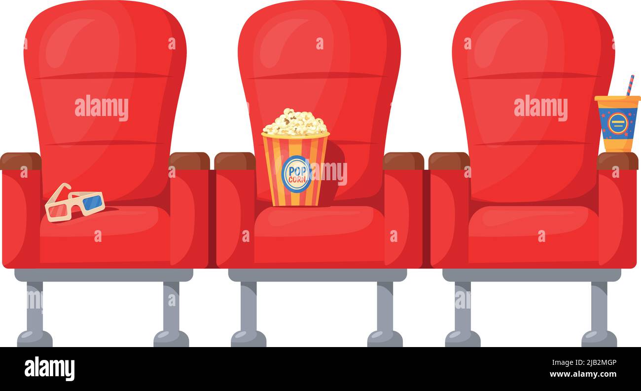 Red seats row. Cartoon cinema chairs with snacks isolated on white ...