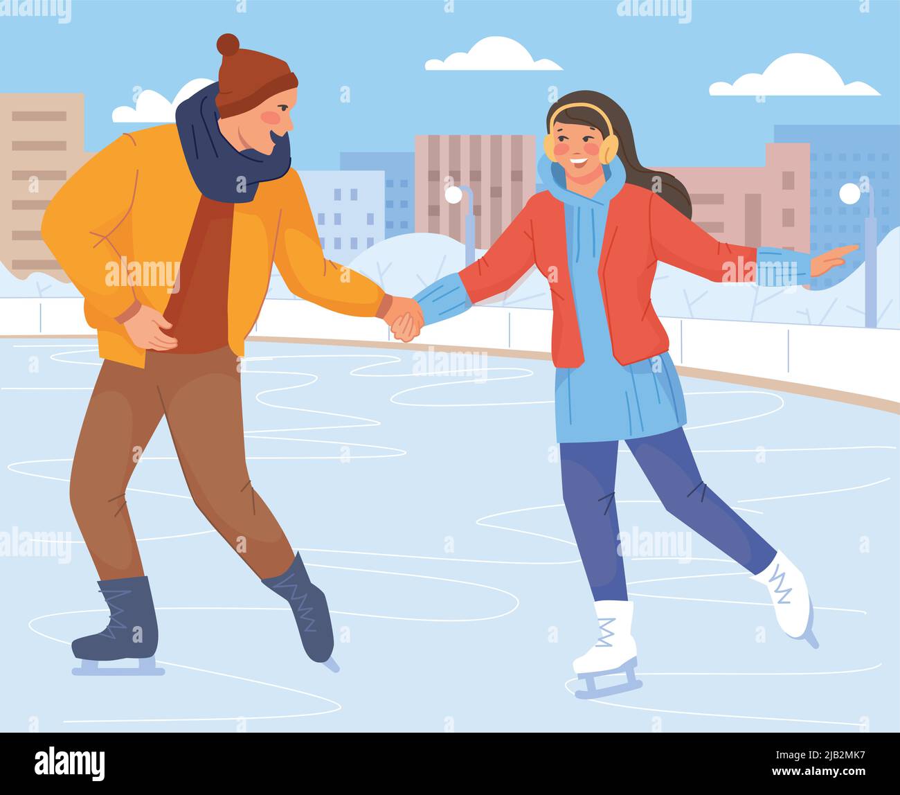 Man and woman holding hands on ice skating rink. Vector illustration ...