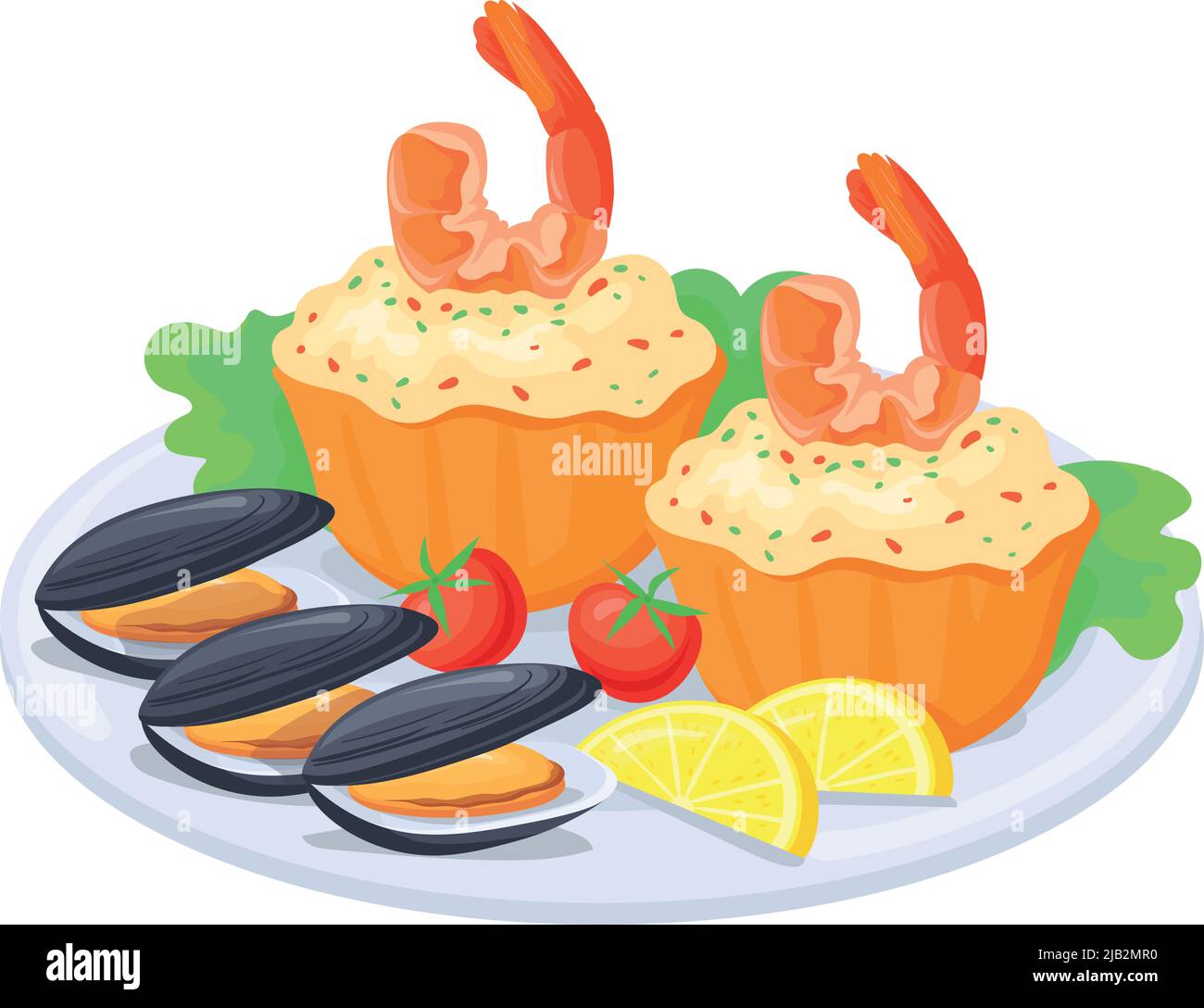 Seafood dish icon. Cartoon shrimp cake and mussels isolated on white ...