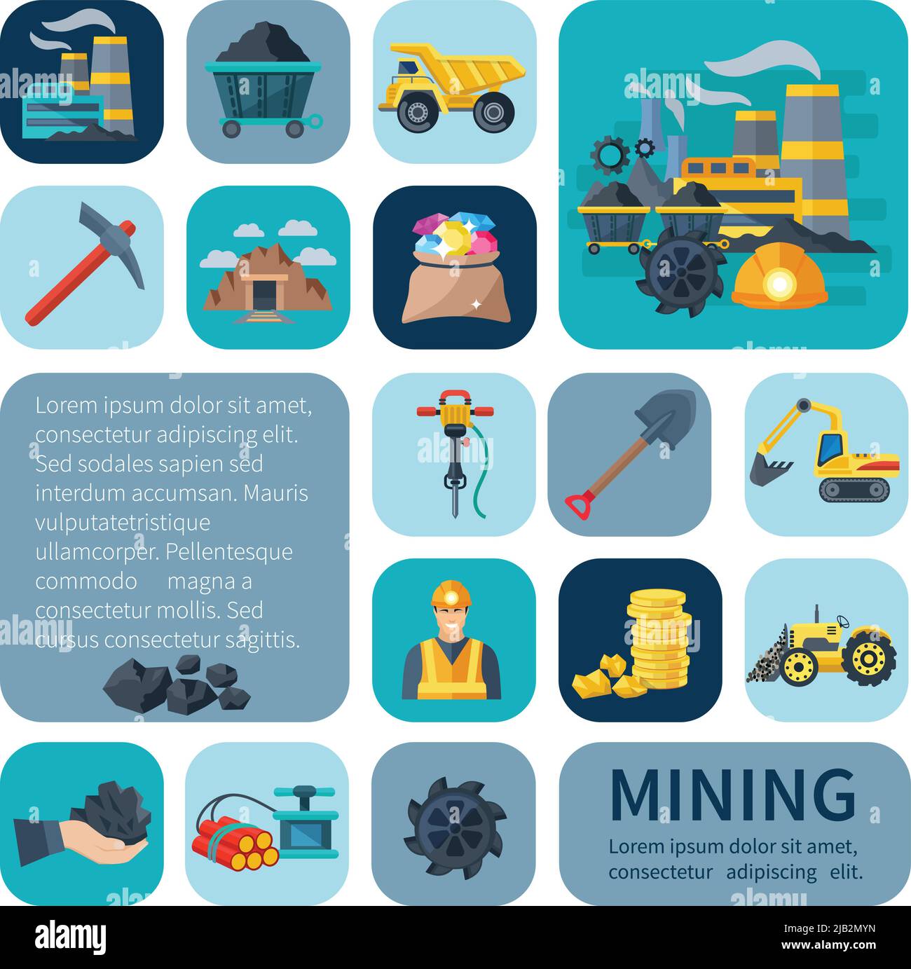 Mining icons flat decorative set with industrial plant and machinery ...