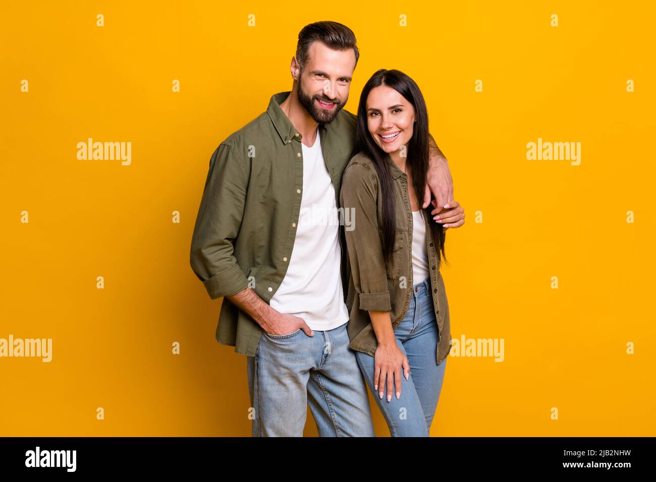 Photo of two young husband wife cuddle spouses soulmate dream romance ...