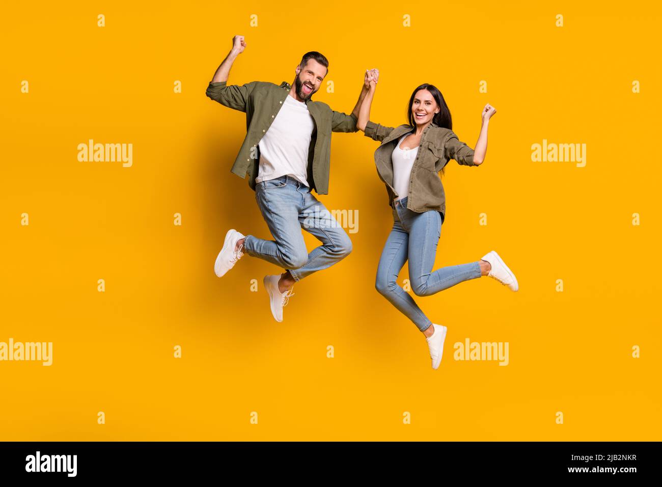 Full body photo of young girl guy jumper celebrate luck fists hands ...