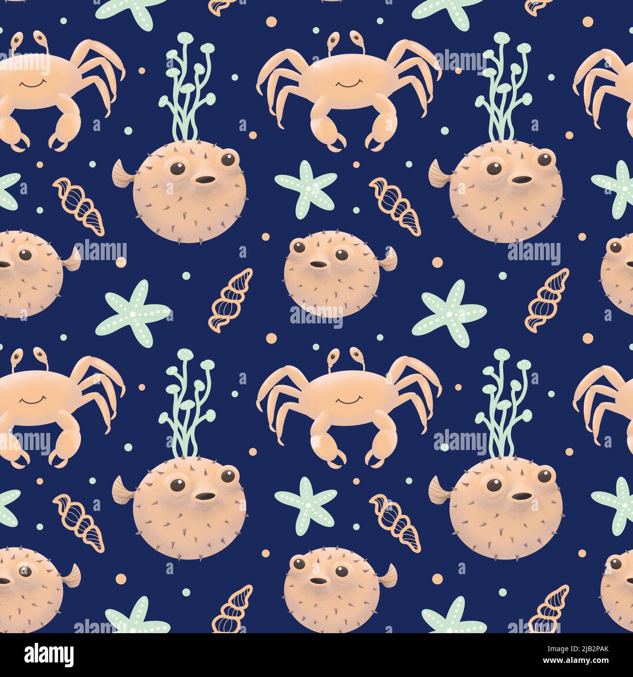 Sea animals. Seamless pattern with sea animals. Crab and hedgehog fish ...
