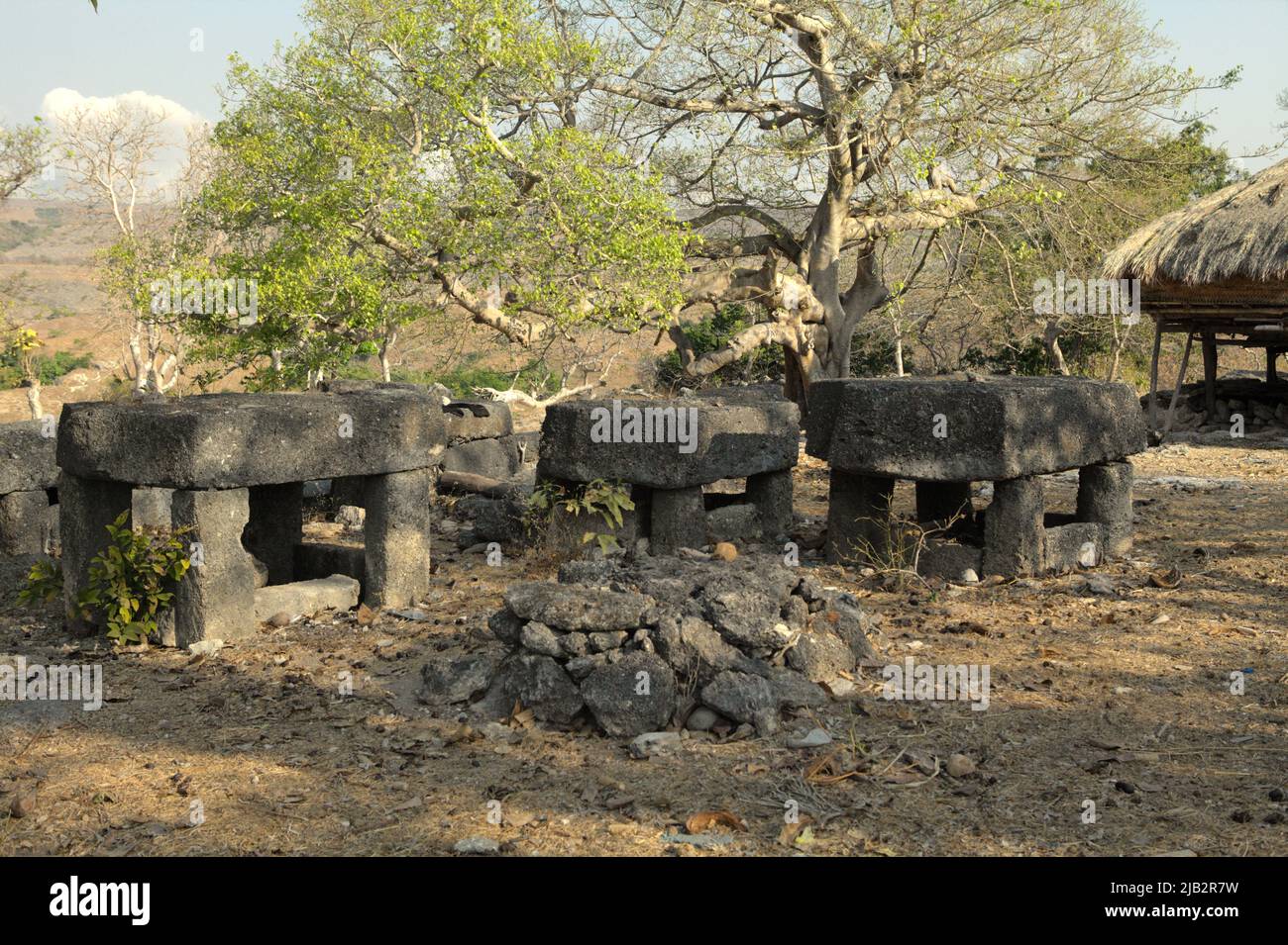 Megalithic tombs in traditional village of Prailiang, which is built on ...