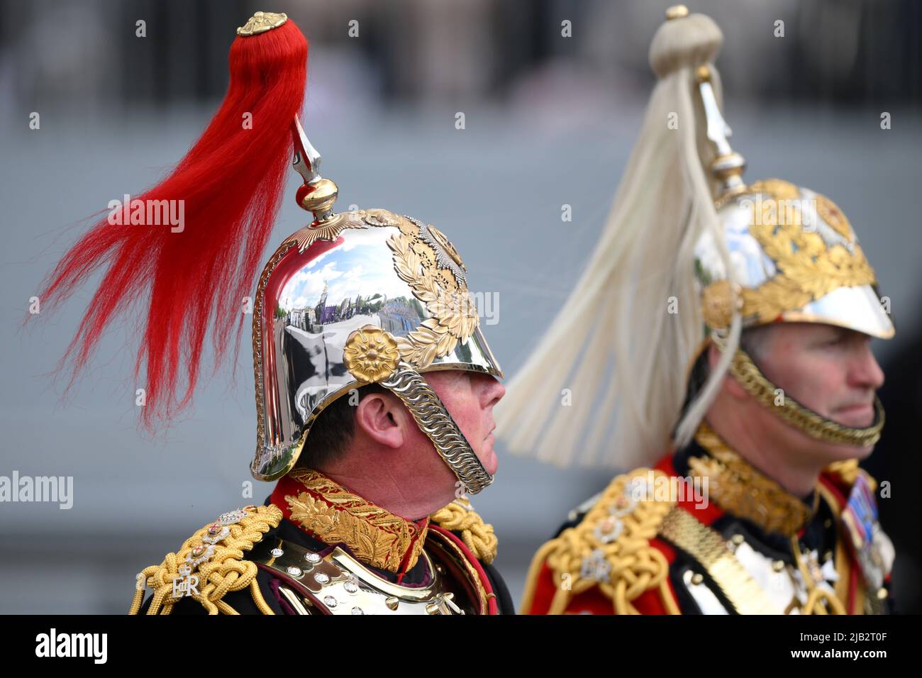 Members of the Blues and Royals (L) and the Life Guards (R), regiments ...