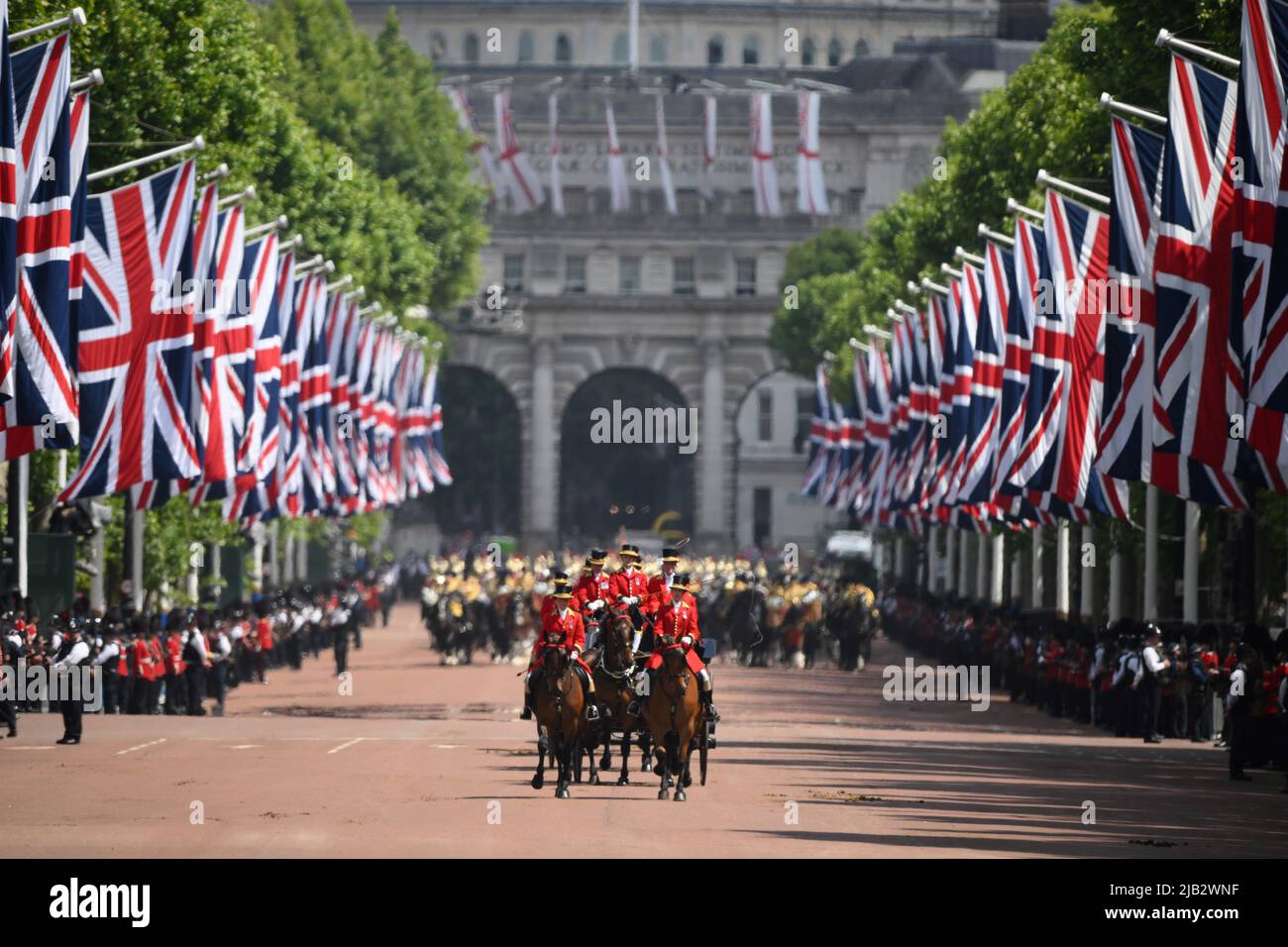 A view along the Mall as the royal procession returns to Buckingham ...