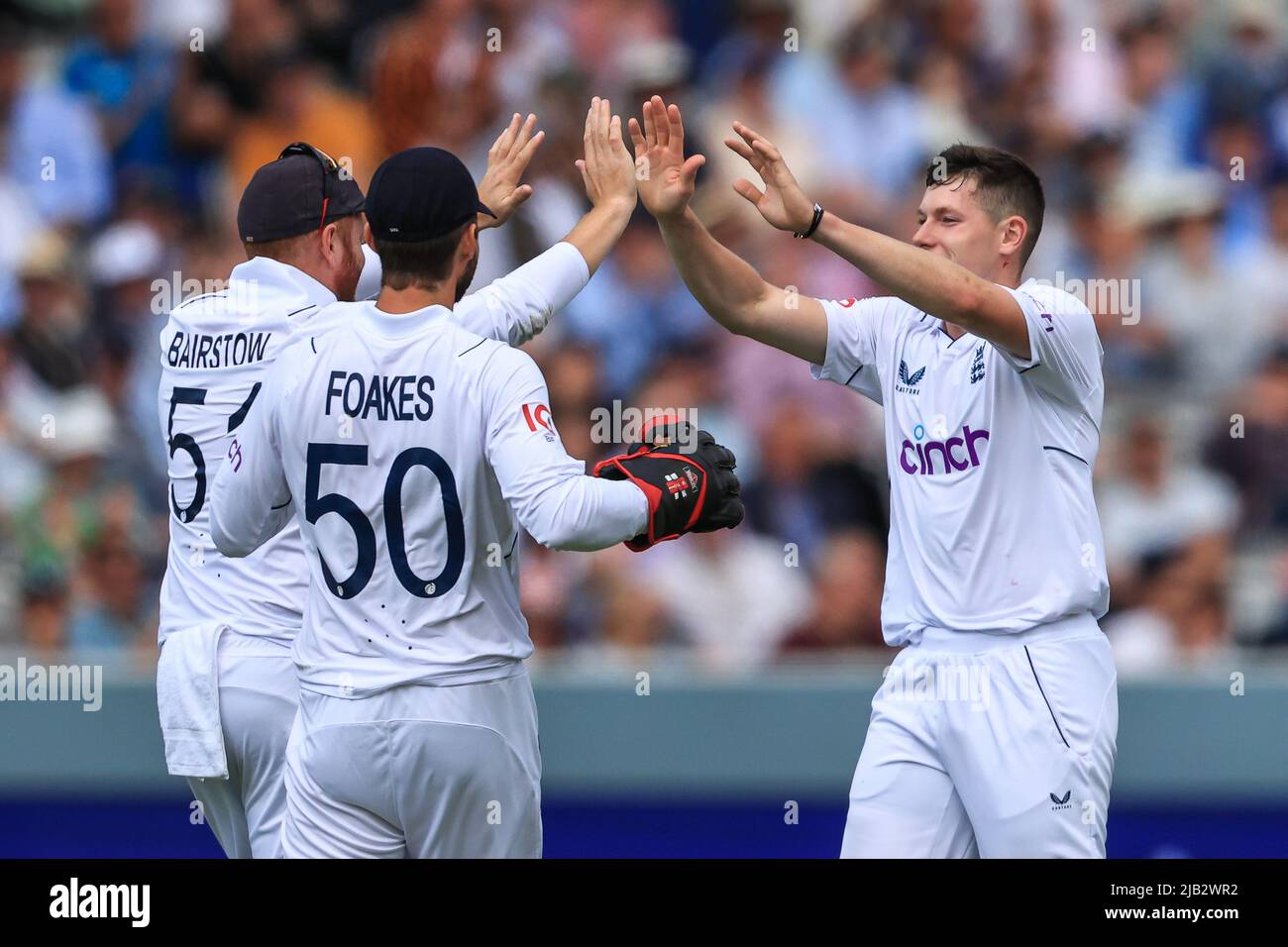 Matthew Potts of England celebrates catching Ajaz Patel of New Zealand ...