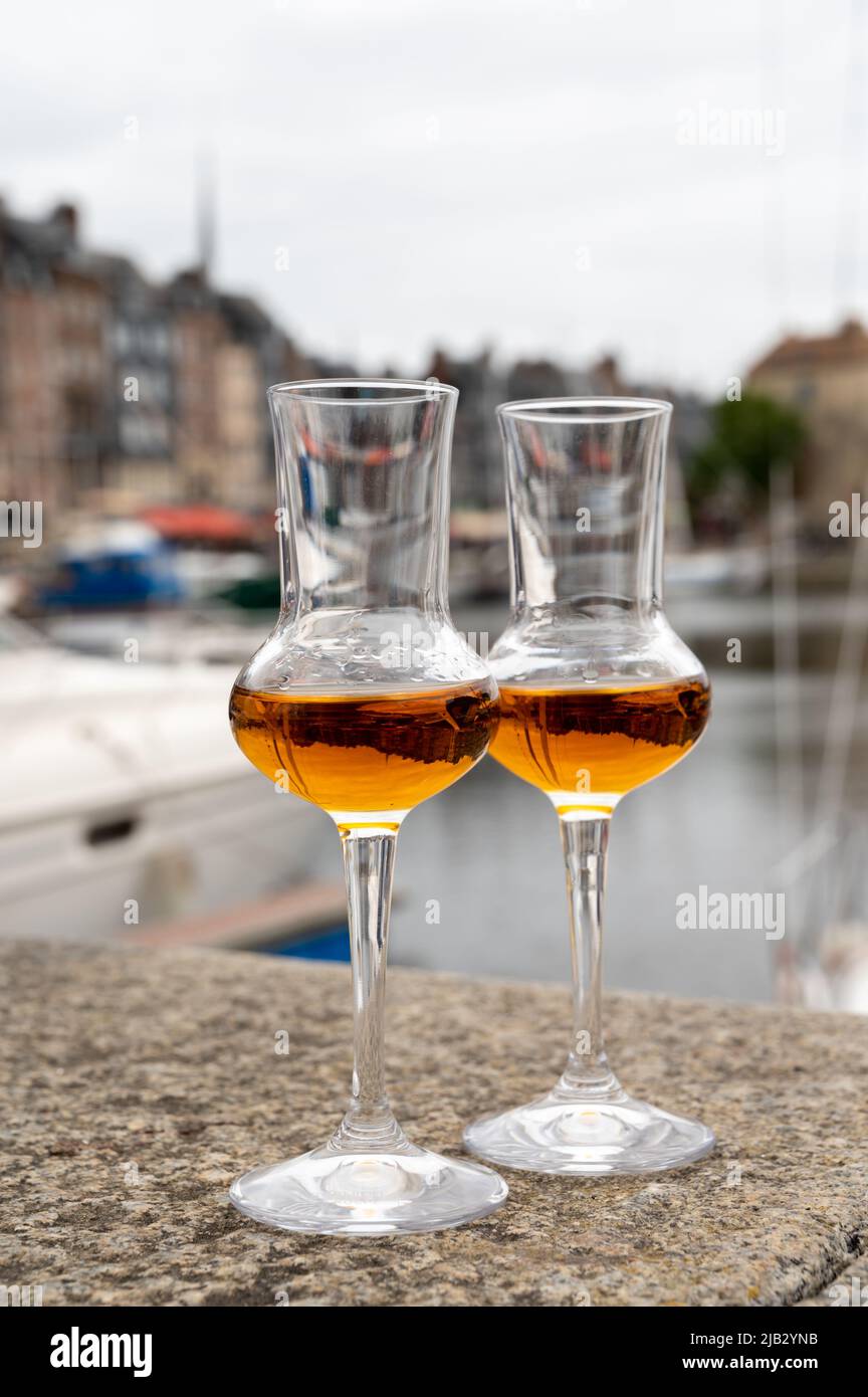 Tasting of apple calvados drink from glasses in old Honfleur harbour ...