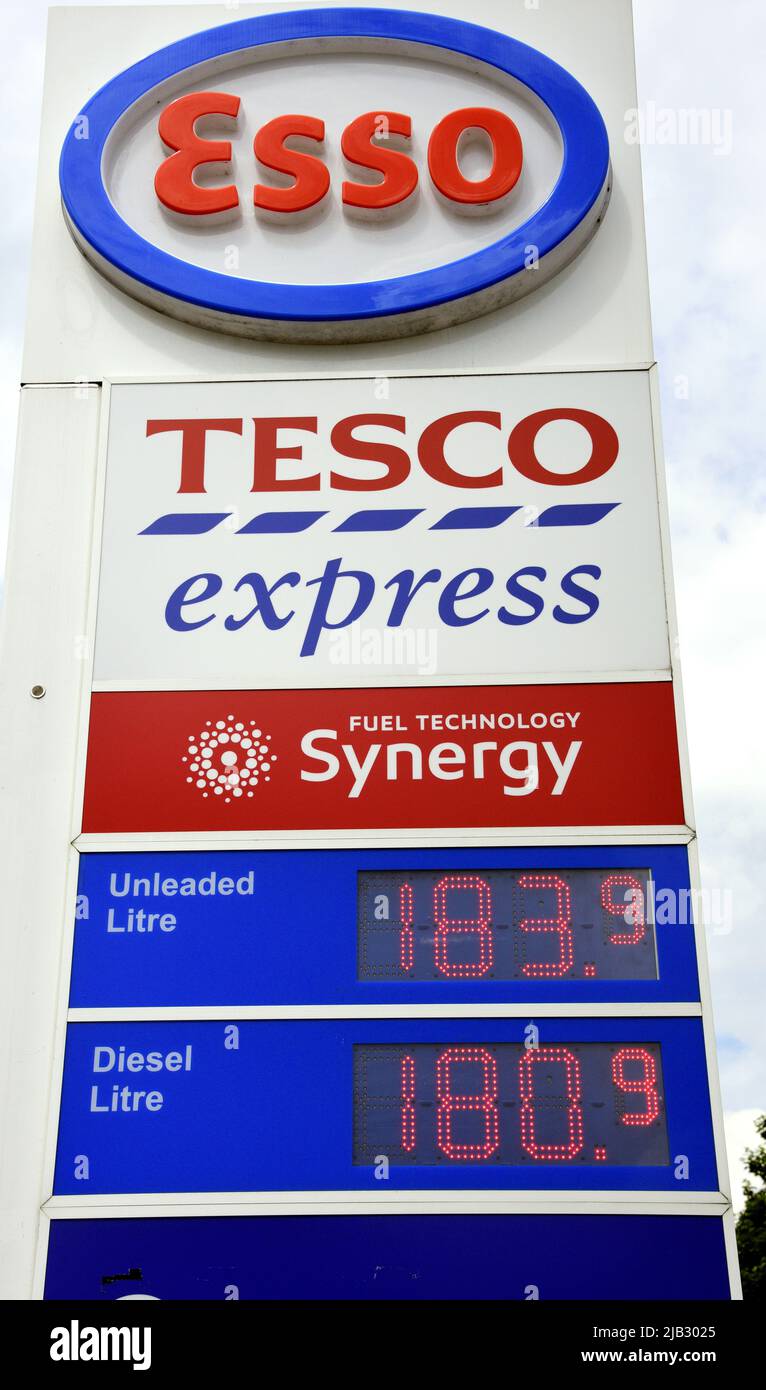 Manchester, UK, 2nd June, 2022. A sign showing diesel and unleaded ...