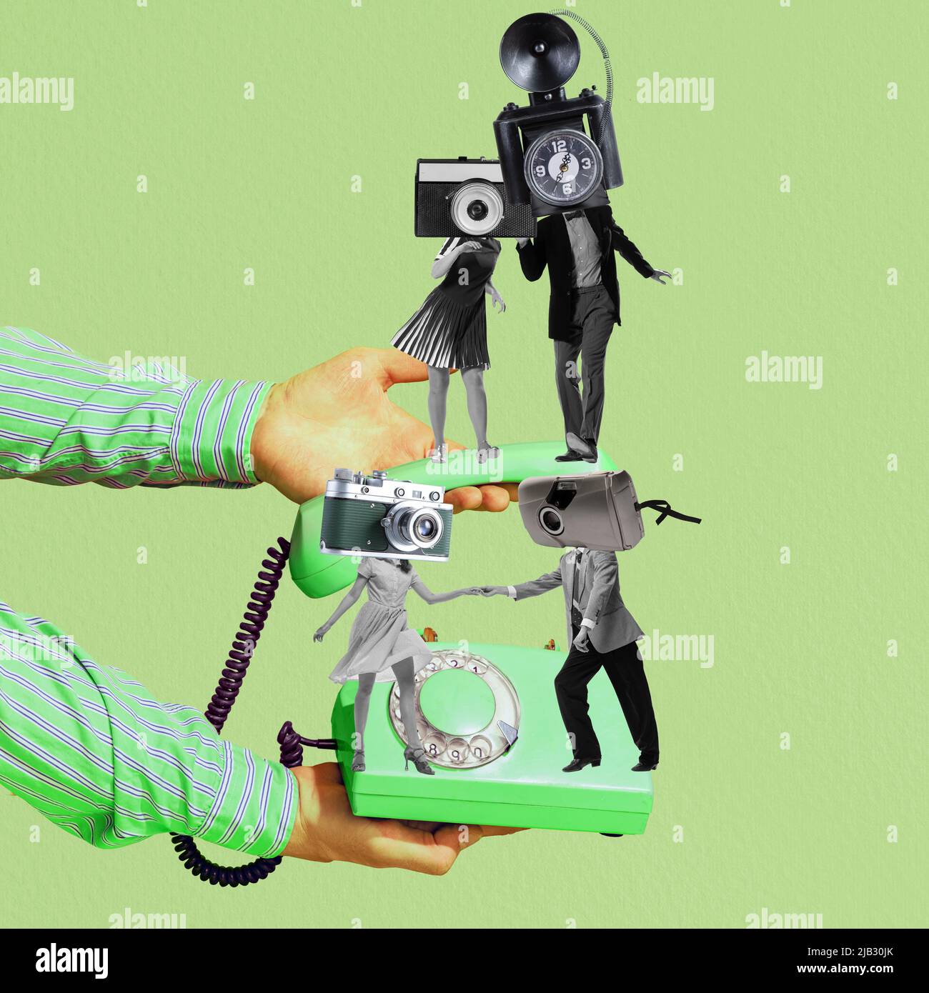Contemporary art collage. People headed of vintage camers devices ...