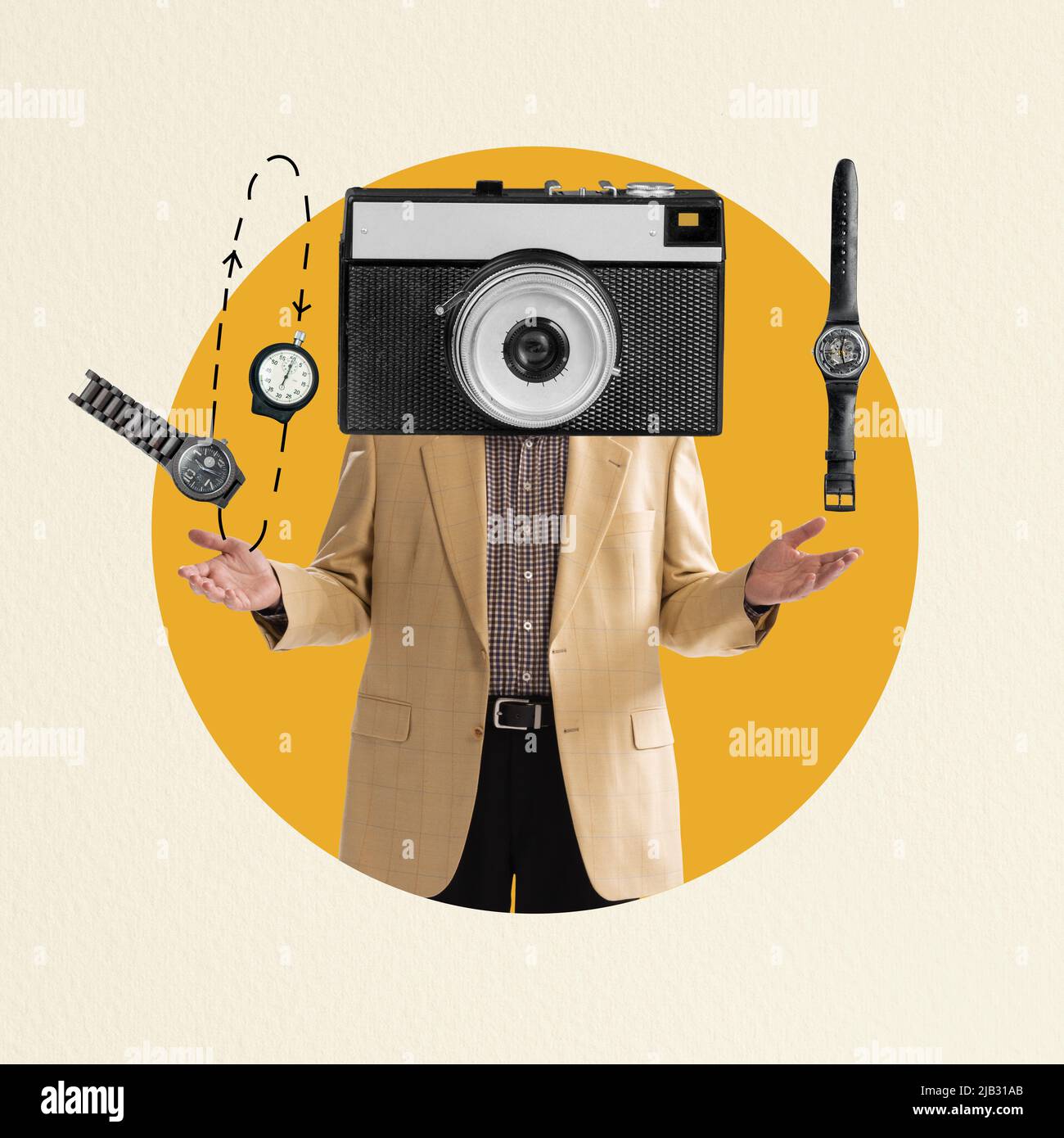 Contemporary art collage. Man in stylish vintage suit with retro camera ...