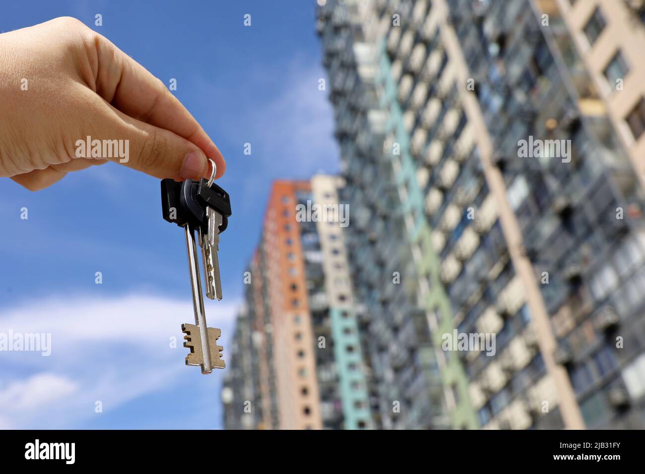 House keys in male hand on background of new residential buildings ...