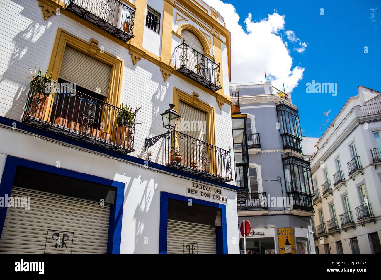 Seville, Spain - June 01, 2022 Facade of a building in the streets of ...
