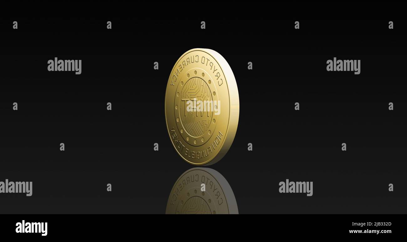 Image of golden nft coin spinning on black background Stock Photo - Alamy