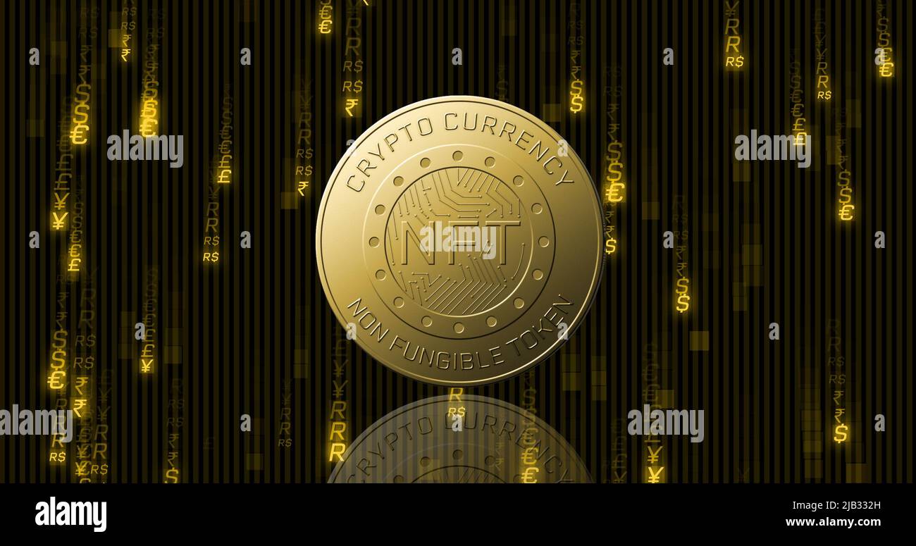 Image of golden nft coin spinning over currency symbols on black ...