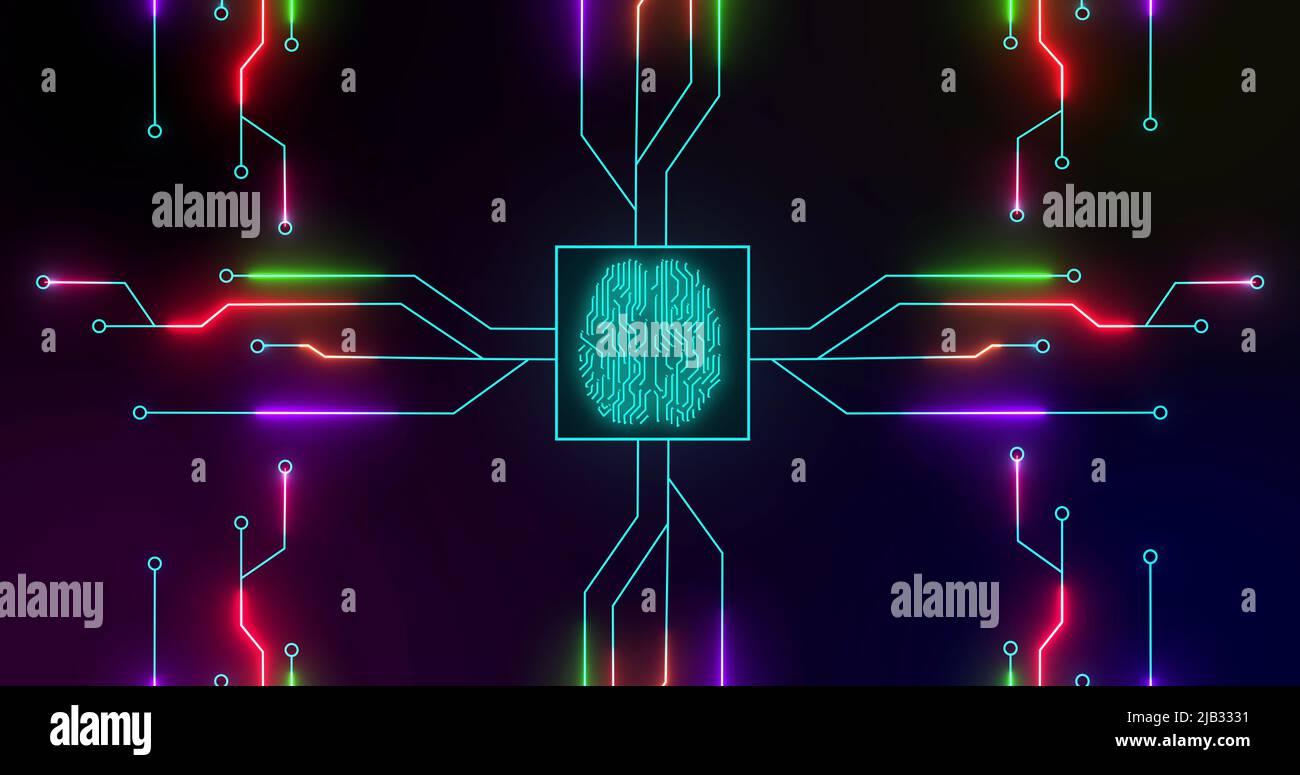 Image of green glowing human brain with computer mother board circuit ...