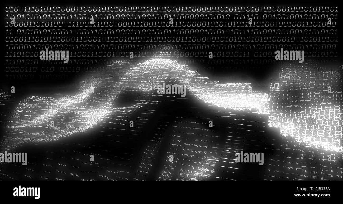Image Of Binary Coding Data Processing Over Waving On Black Background