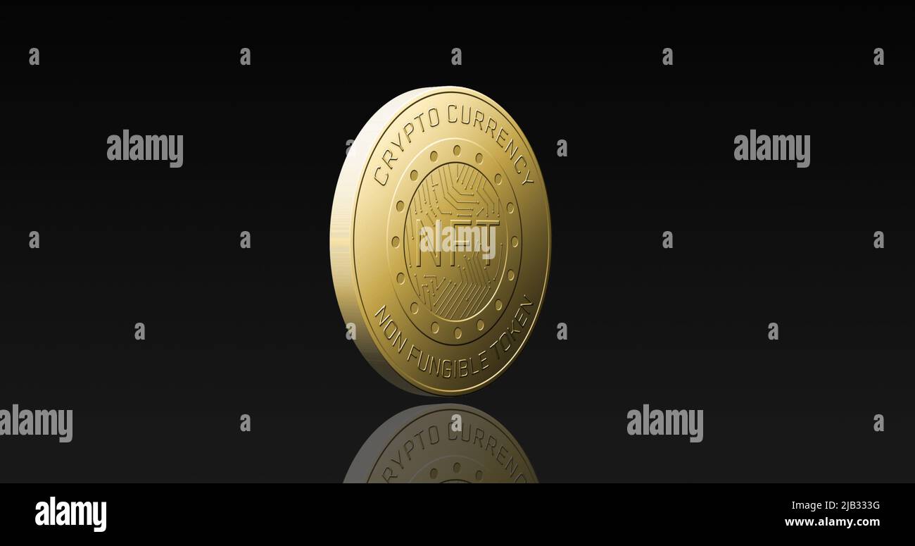 Image of golden nft coin spinning on black background Stock Photo - Alamy