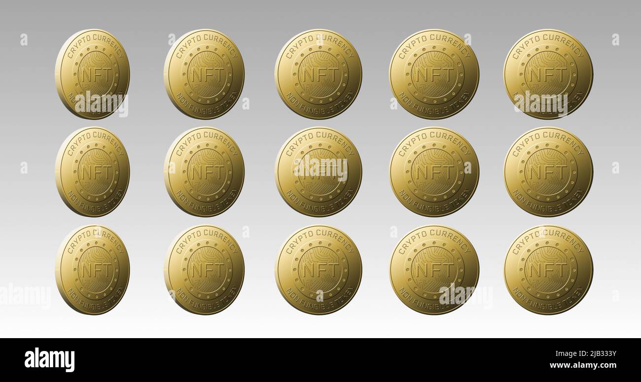 Image of rows of golden nft coins spinning on grey background Stock ...