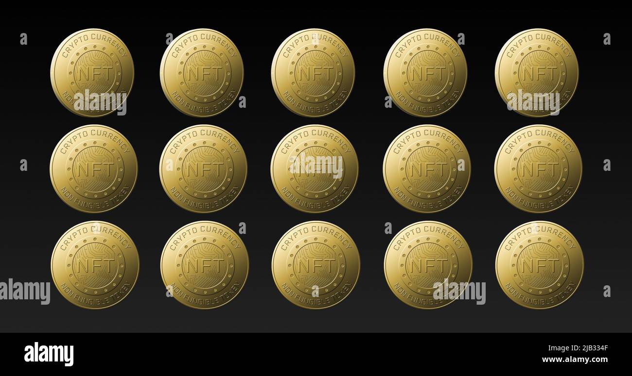 Image of rows of golden nft coins spinning on black background Stock ...