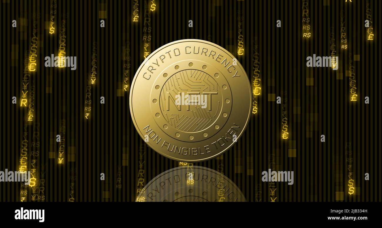 Image of golden nft coin spinning over currency symbols on black ...