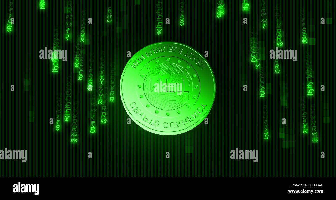 Image of green nft coin spinning over currency symbols on black ...
