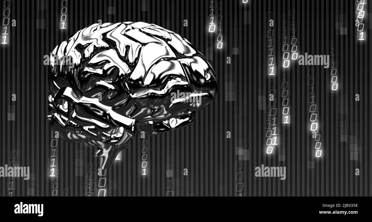 Image Of Binary Coding Data Processing With Spinning Human Brain Over Black Background Stock