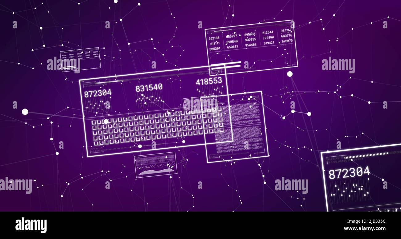Image of numbers changing and data processing on computer screens over ...