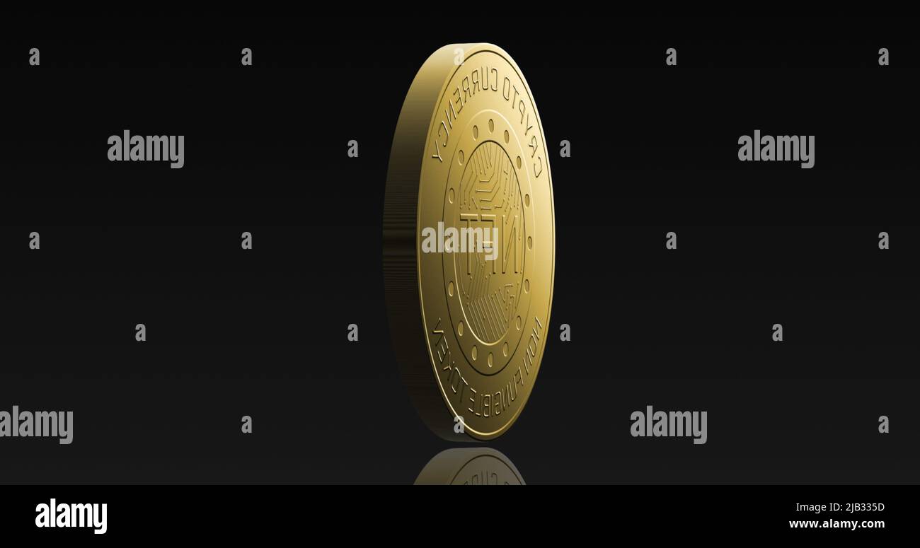 Image of golden nft coin spinning on black background Stock Photo - Alamy