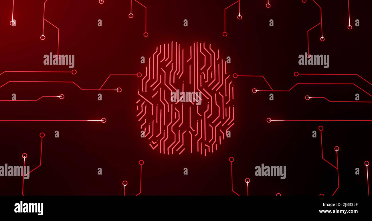 Image of red glowing human brain with computer mother board circuit ...