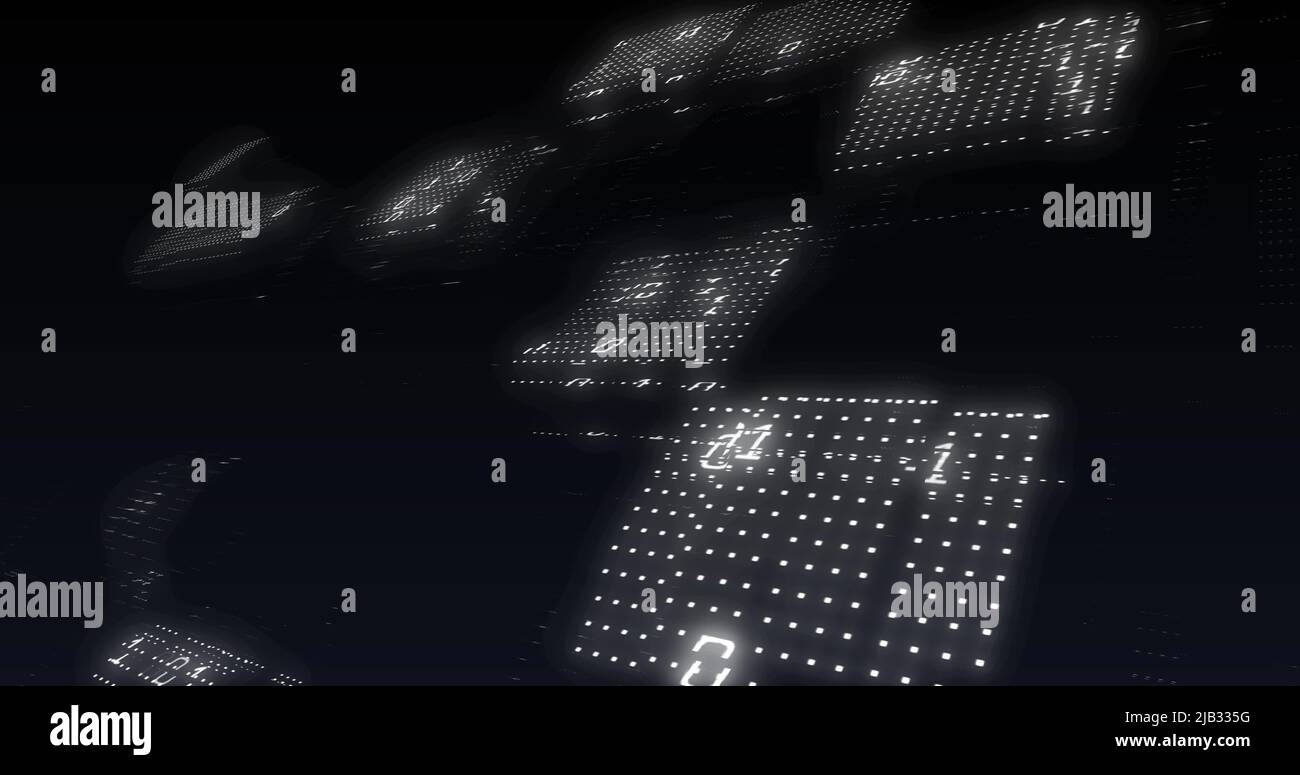 Image of binary coding data processing over screens on black background ...