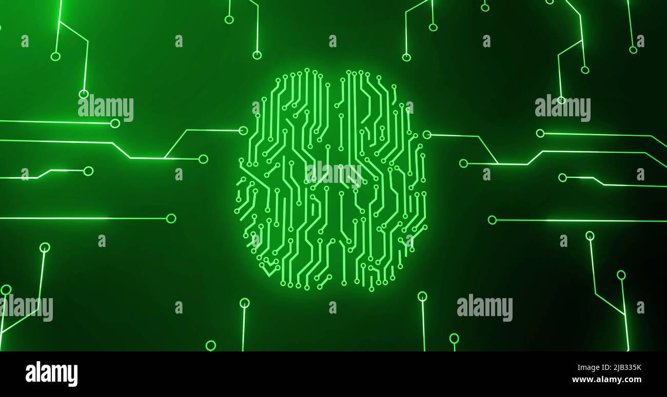 Image of green glowing human brain with computer mother board circuit ...