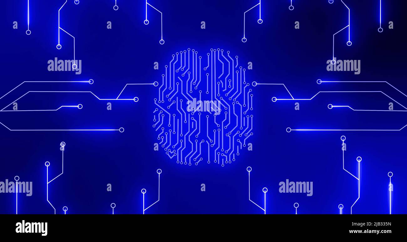 Image of blue glowing human brain with computer mother board circuit ...