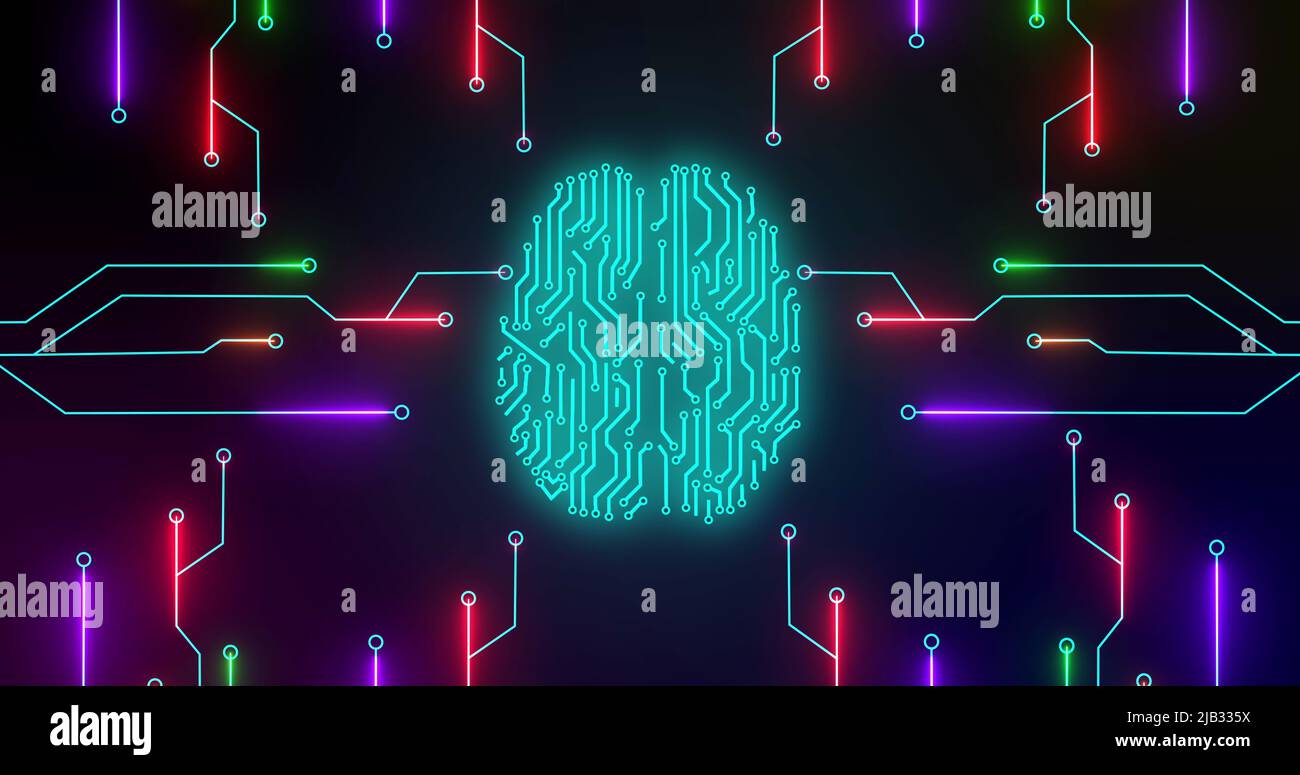 Image of green glowing human brain with computer mother board circuit ...
