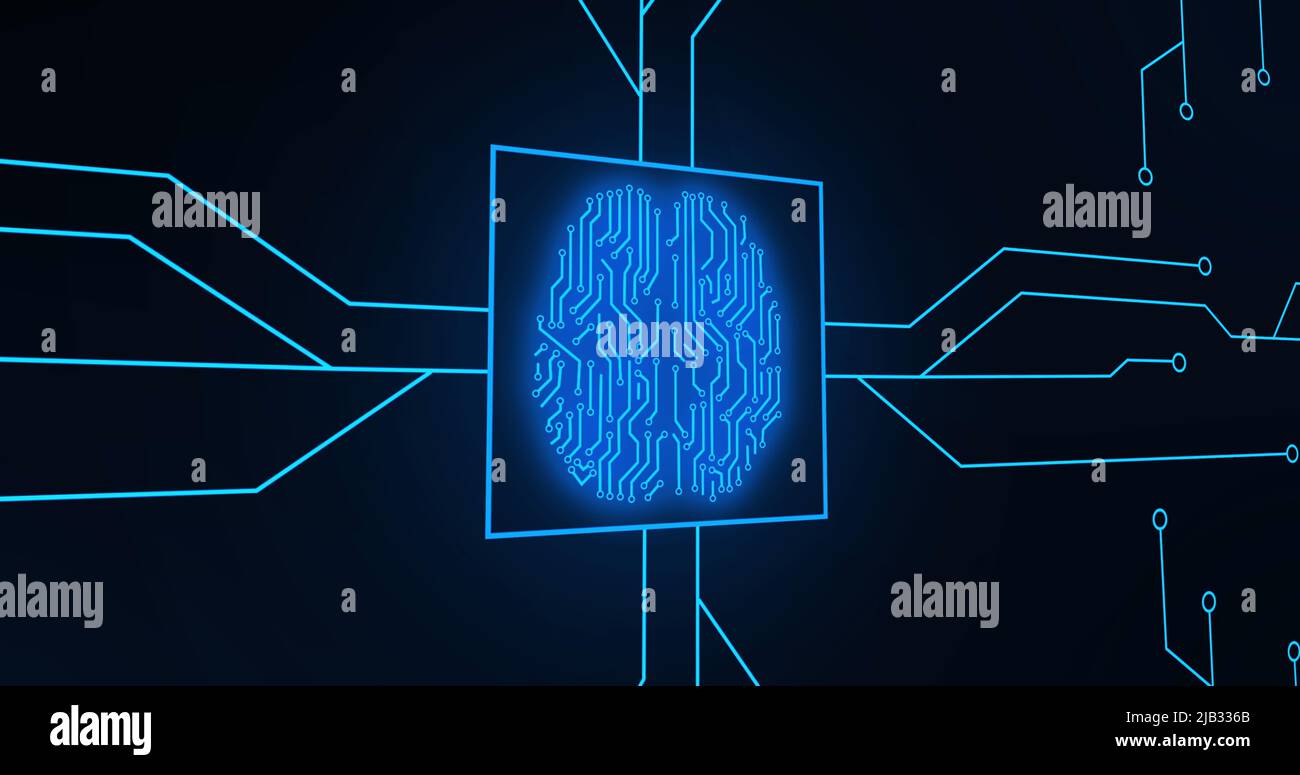 Image of blue glowing human brain with computer mother board circuit over black background Stock ...