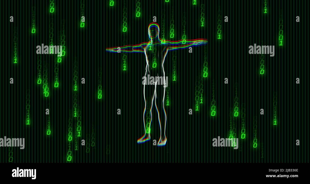 Image Of Green Binary Coding Data Processing Over Human Body Spinning On Black Background Stock