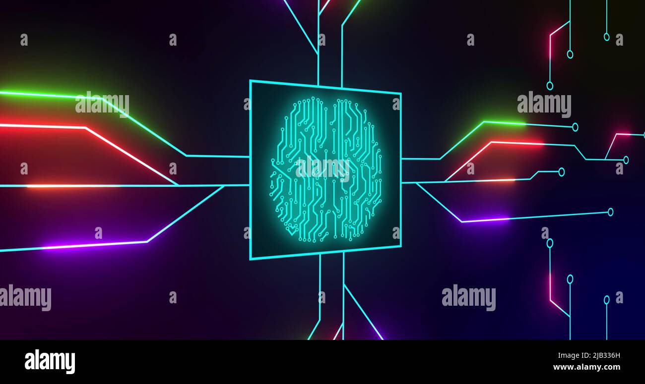 Image of green glowing human brain with computer mother board circuit ...