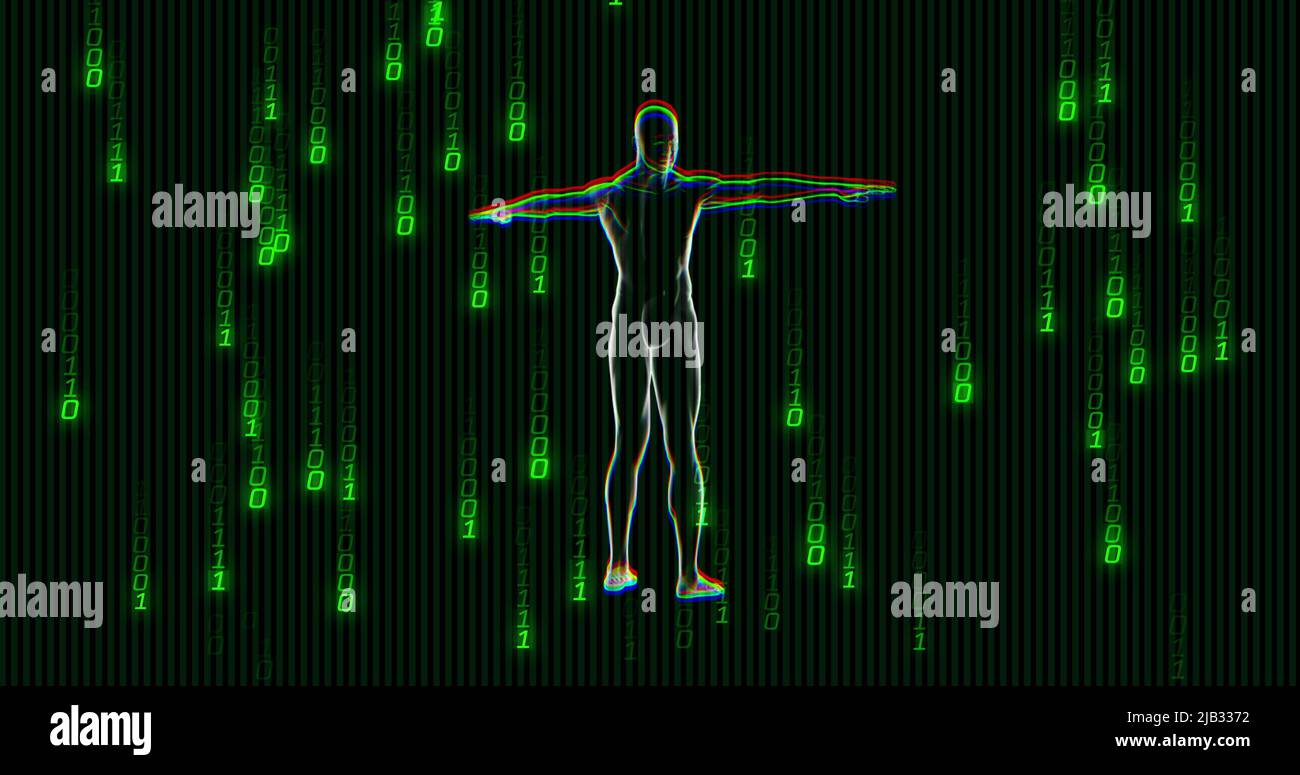 Image Of Green Binary Coding Data Processing Over Human Body Spinning On Black Background Stock