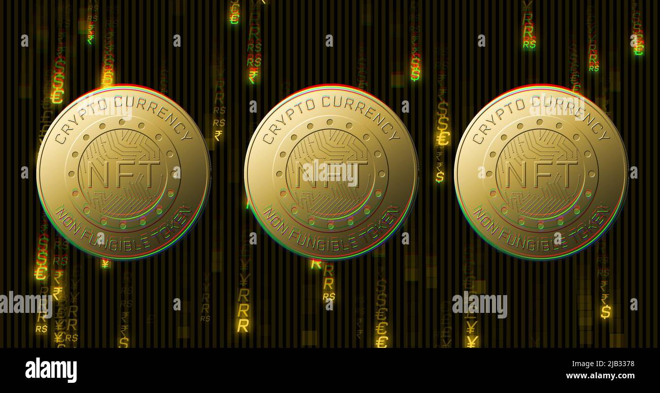 Image of golden nft coins spinning over currency symbols on black ...