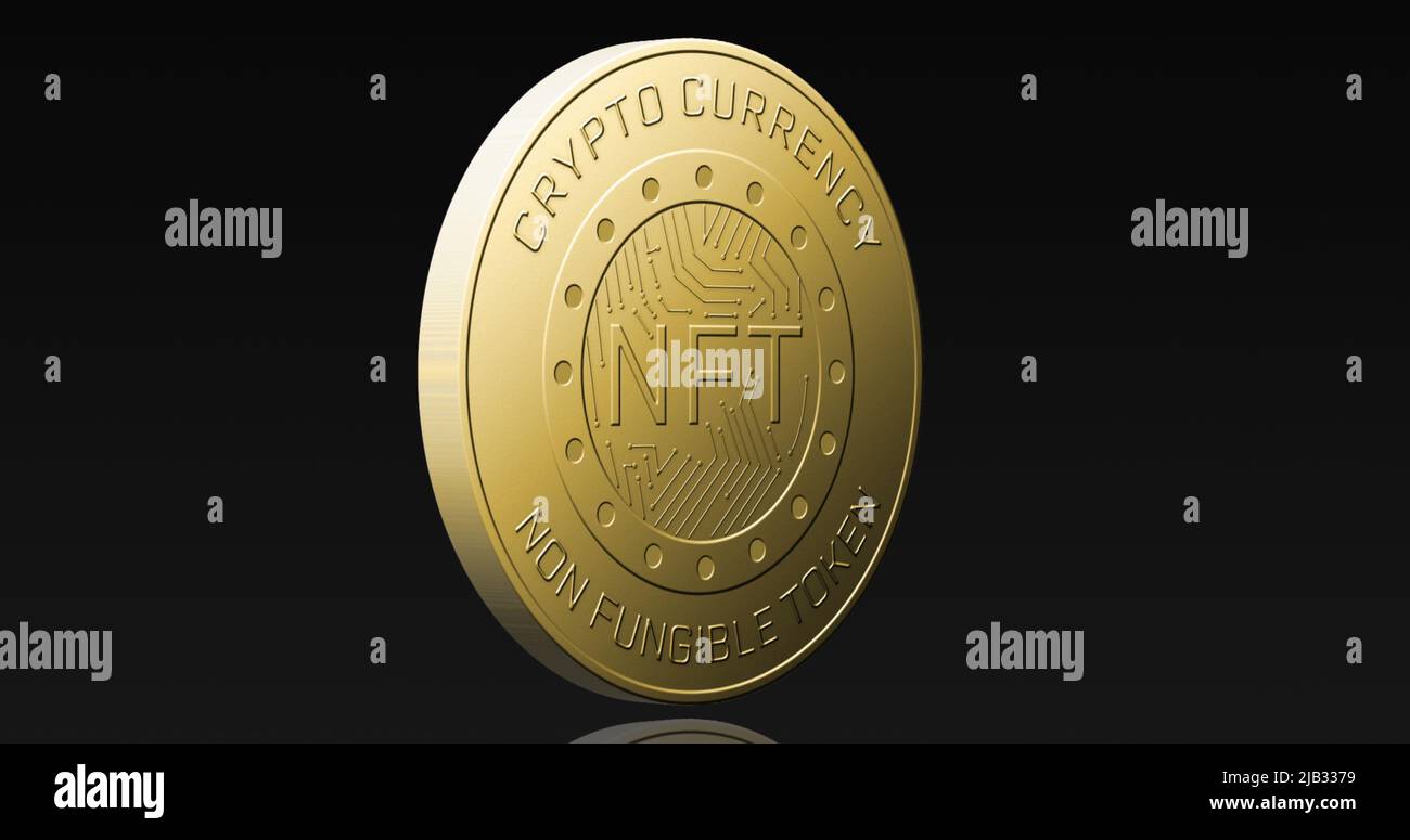 Image of golden nft coin spinning on black background Stock Photo - Alamy