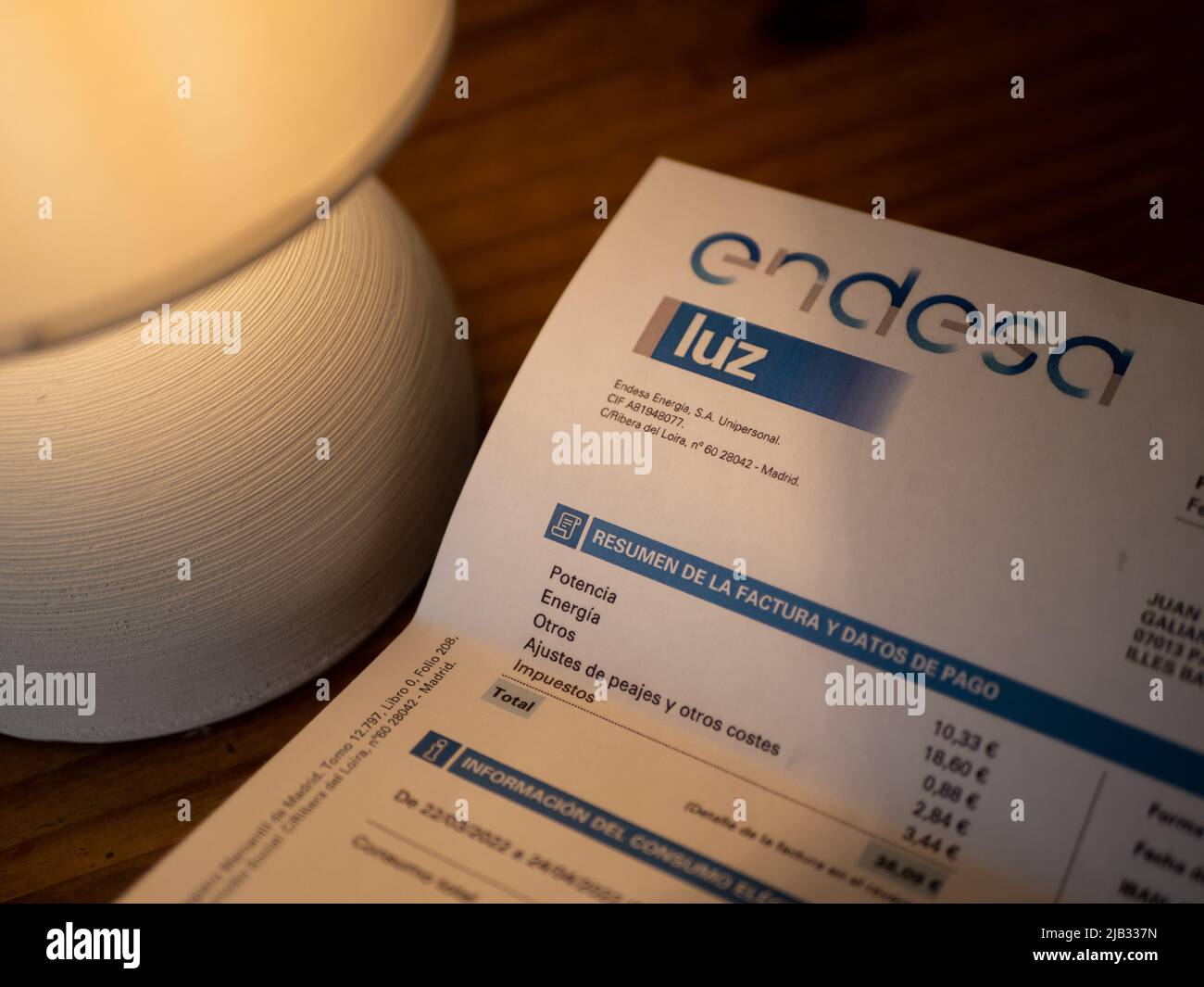 Puerto del Rosario, Spain; June 2nd 2022: Endesa electricity invoice ...