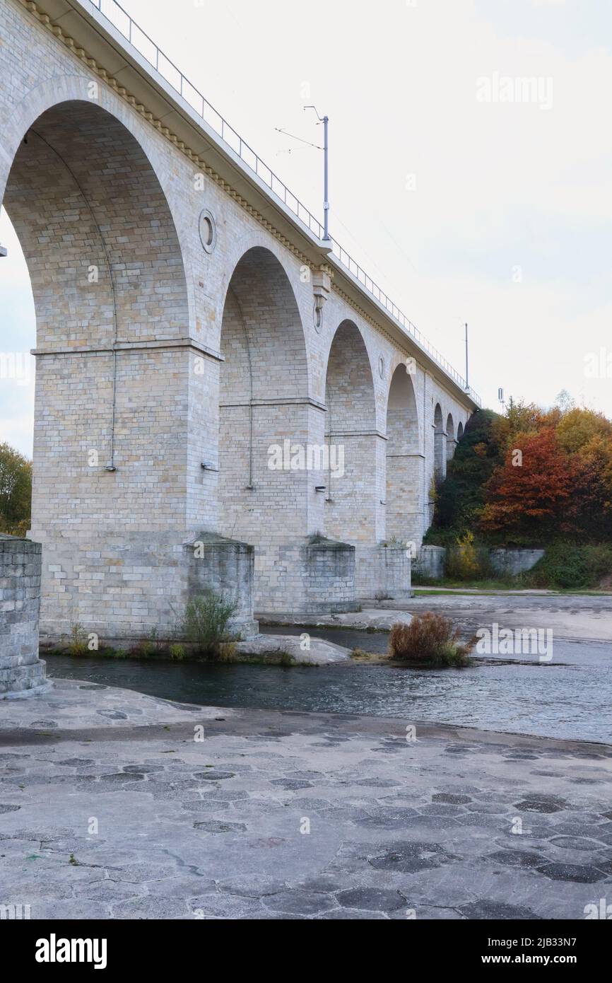 Rail viaduct, a bridge over the Bobr river in Boleslawiec, Poland on a ...