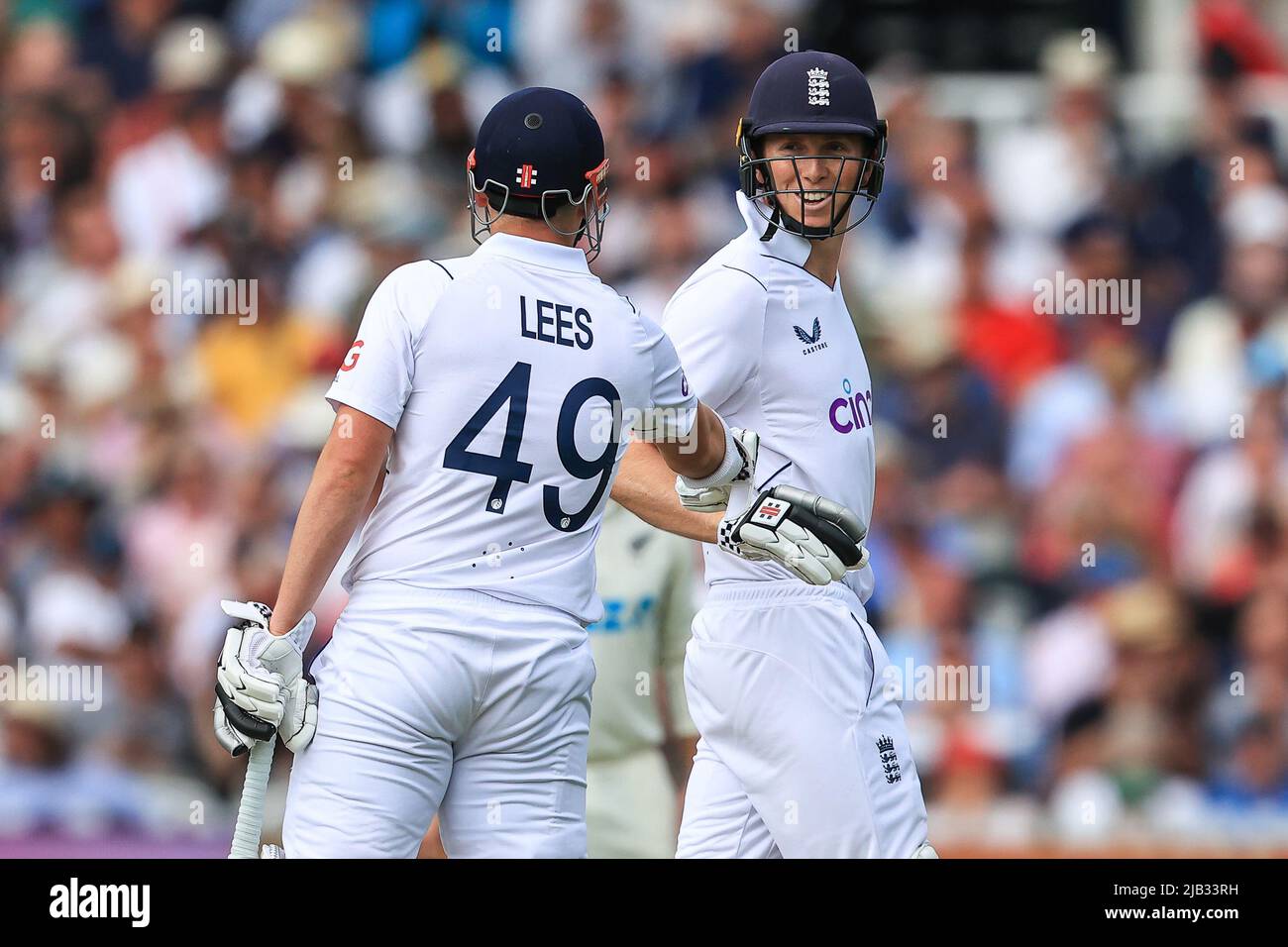Alex Lees congratulates Zak Crawley of England for hitting another 4 ...
