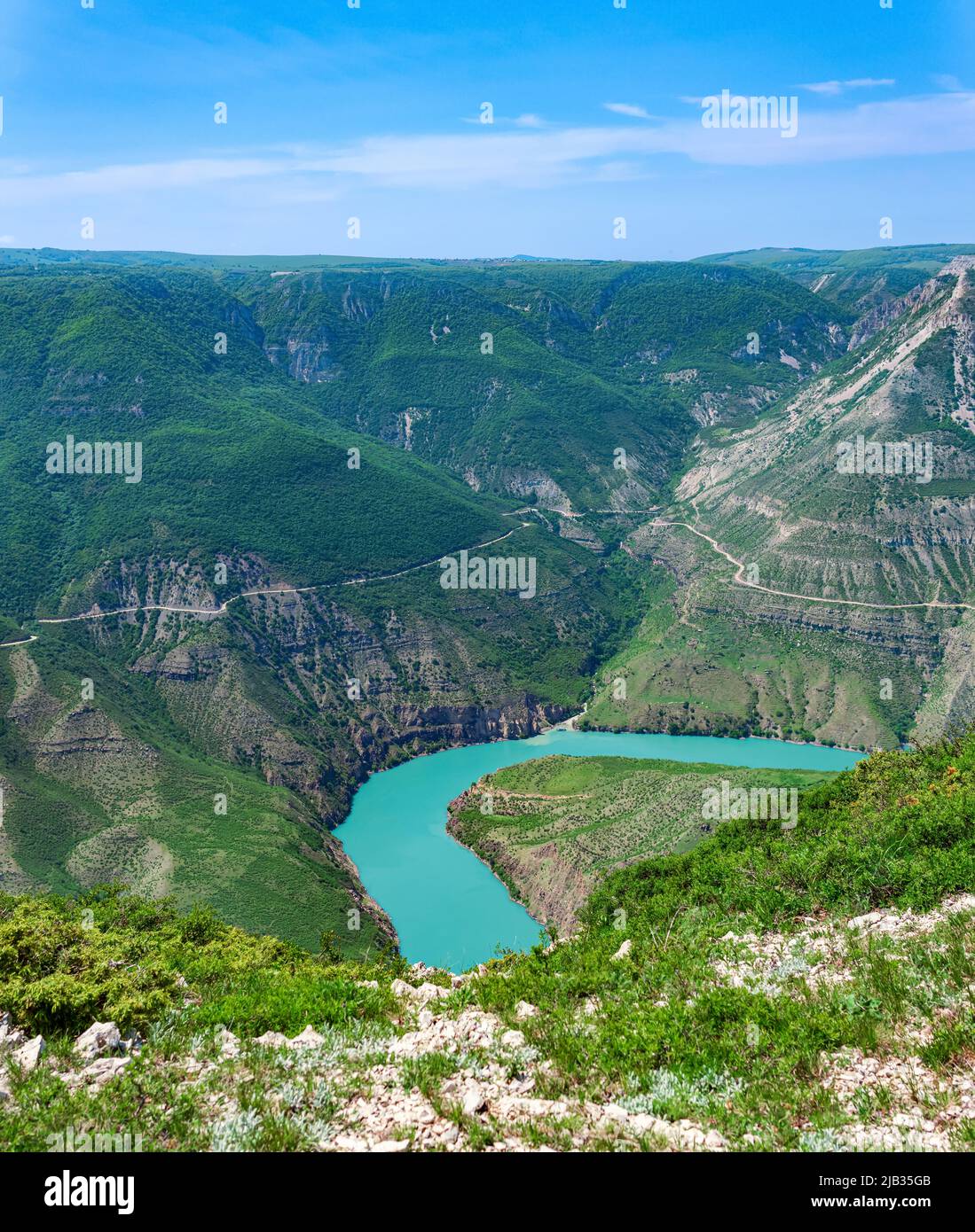 mountain landscape, view of the deep canyon with blue water, valley of ...