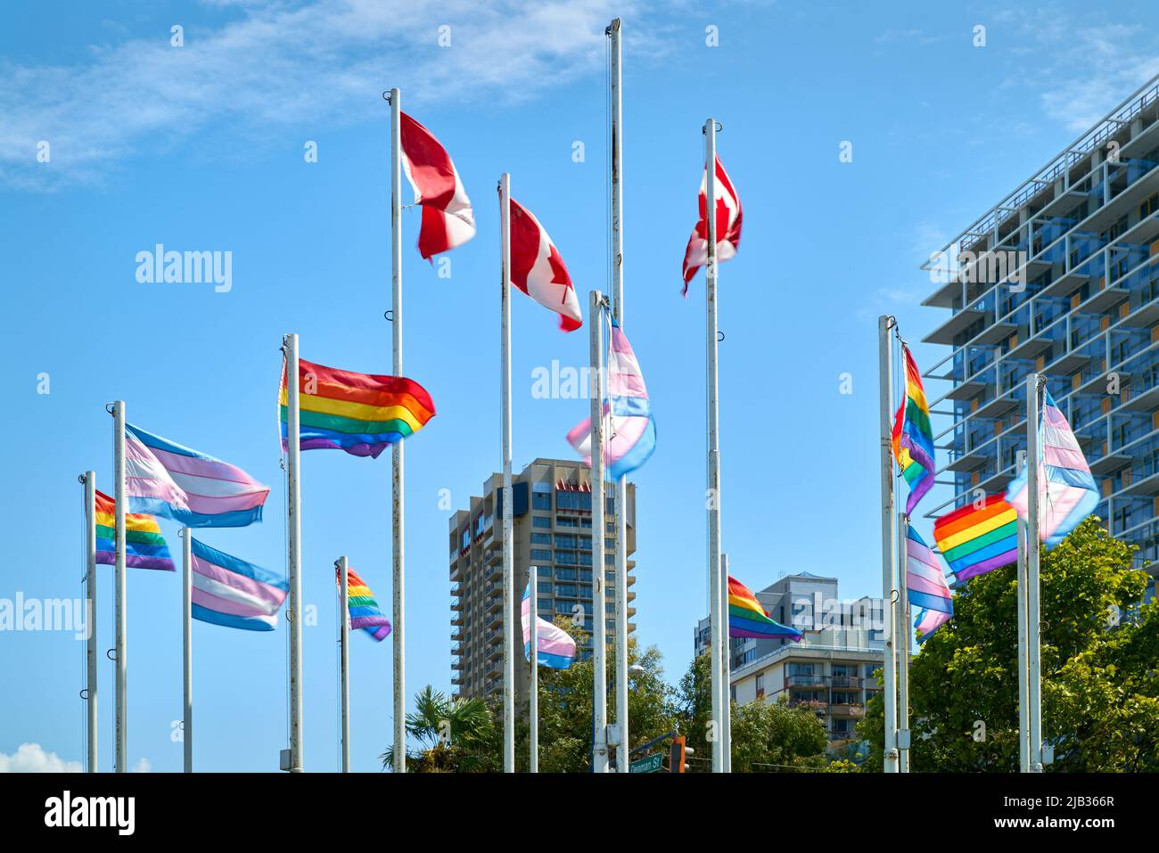 Gay Pride and Trans Pride Flags in Vancouver. Rainbow colored Gay Pride ...