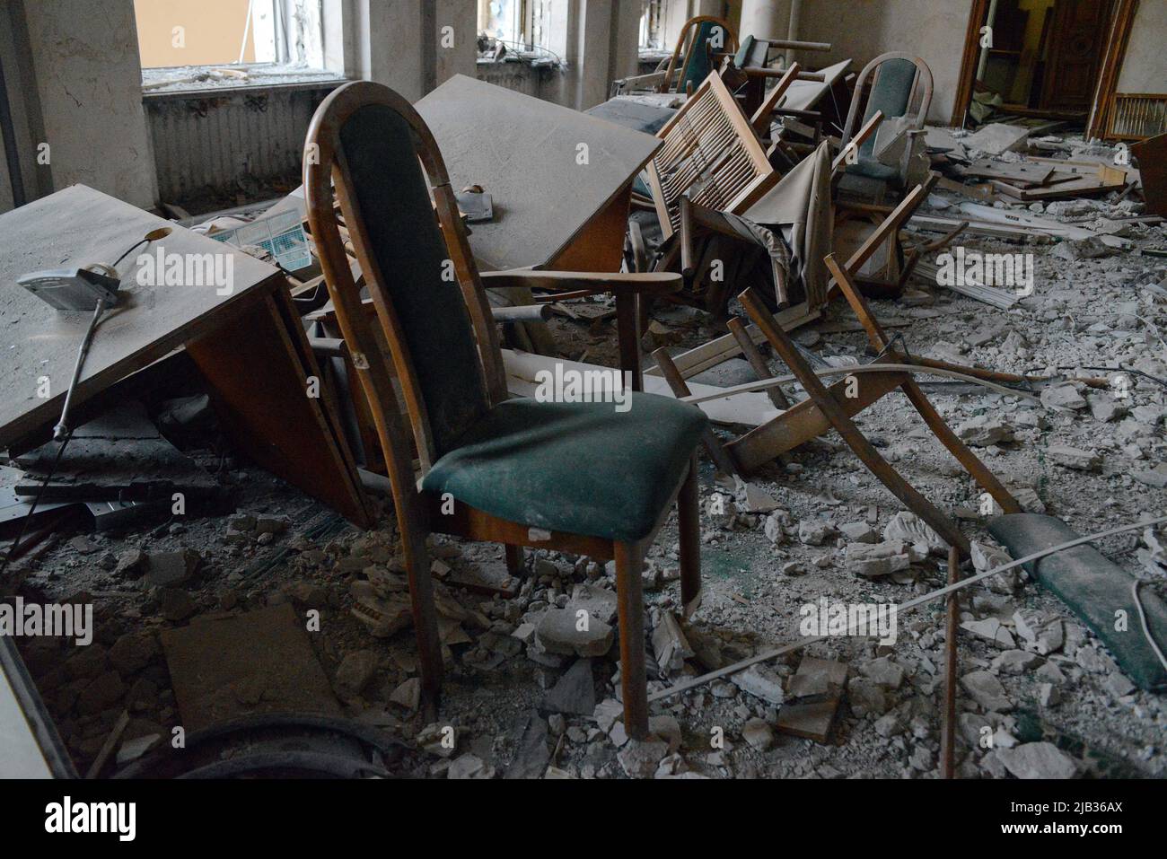 Broken furniture is pictured inside the Kharkiv Regional State ...