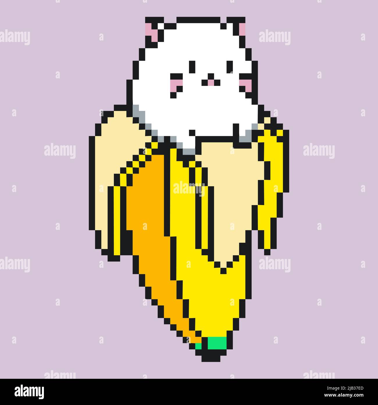 8 bit cute white kitten on a peeled banana. Pixel art. Creative banana ...